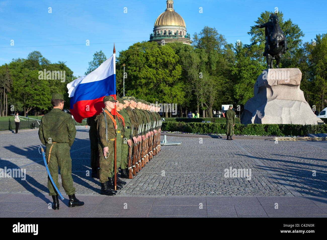 Military parade and soldiers with Russian flag and arms in line. Saint ...