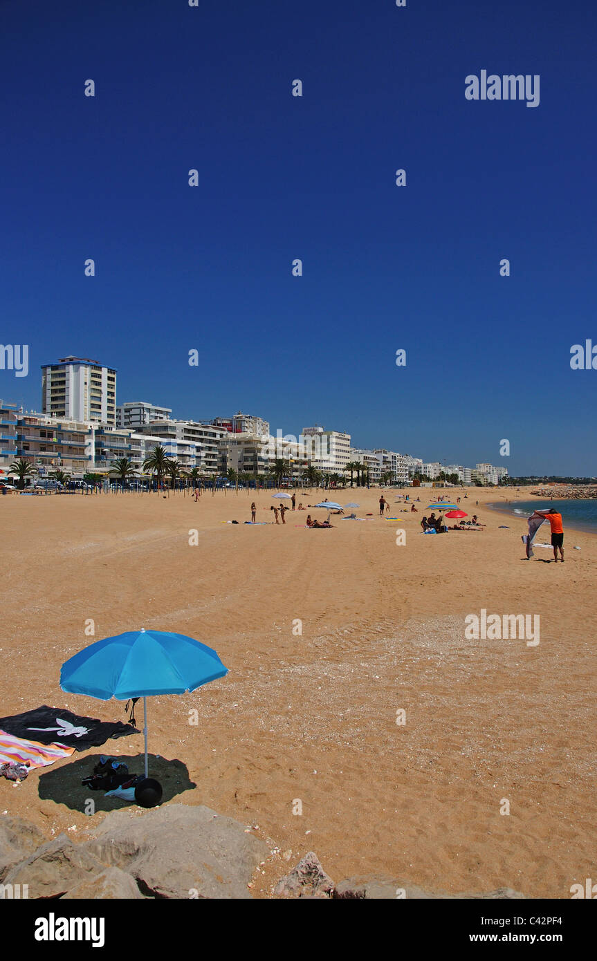 Beach and promenade view, Quarteira, Faro District, Algarve Region ...