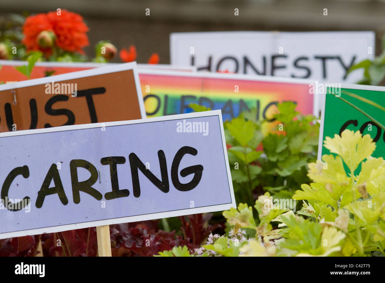 Signs on a Garden saying trust honesty respect and Caring Stock Photo ...