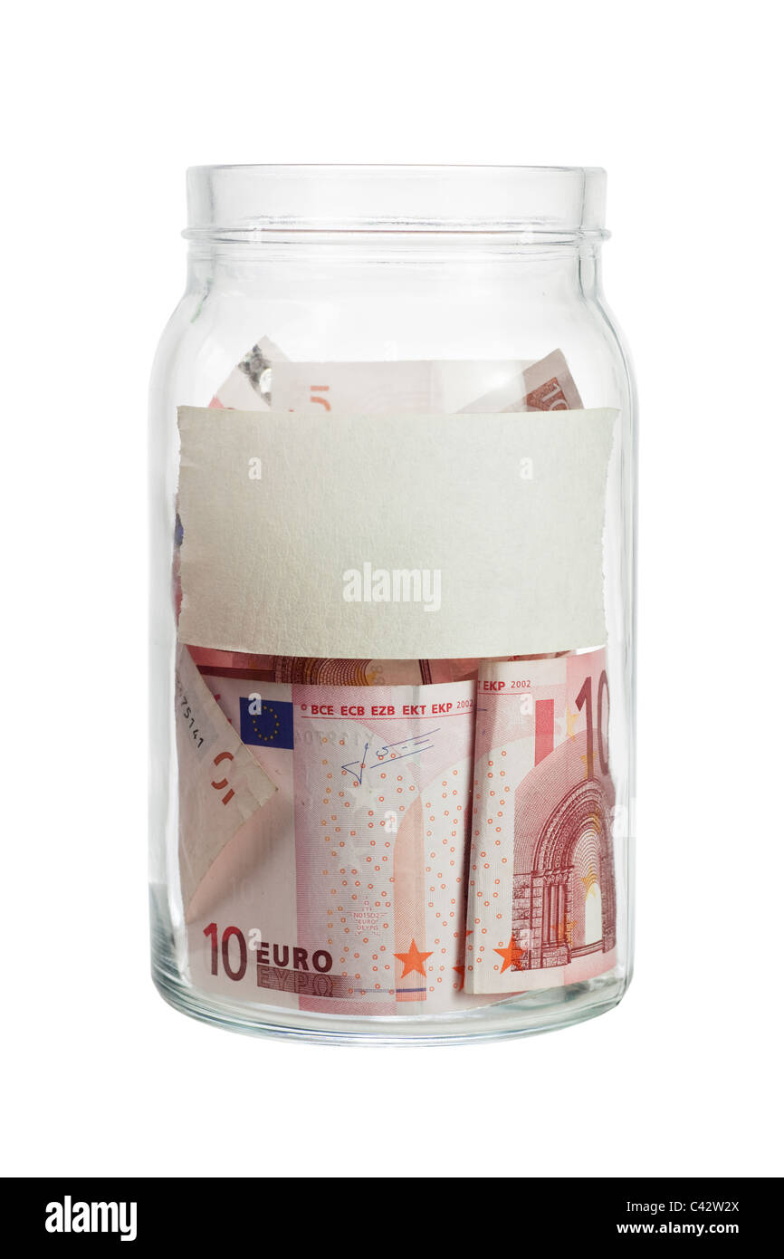 Euros in a jar with label isolated on white background Stock Photo - Alamy