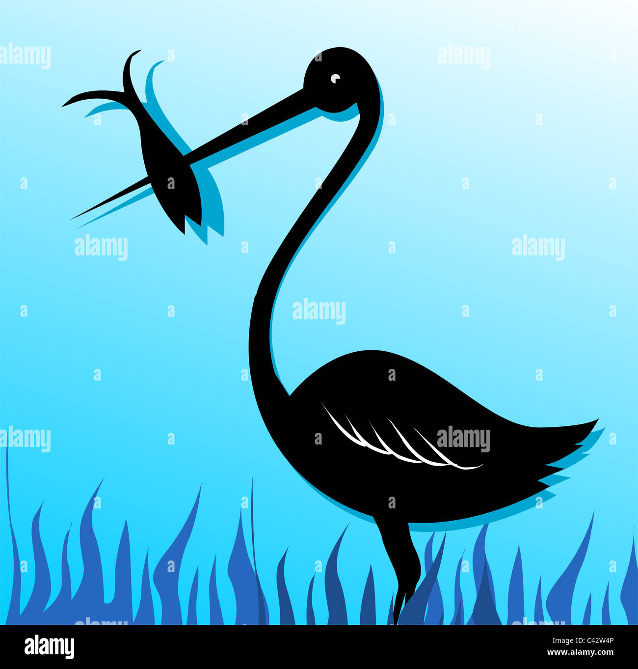 Illustration of a crane catching fish Stock Photo - Alamy