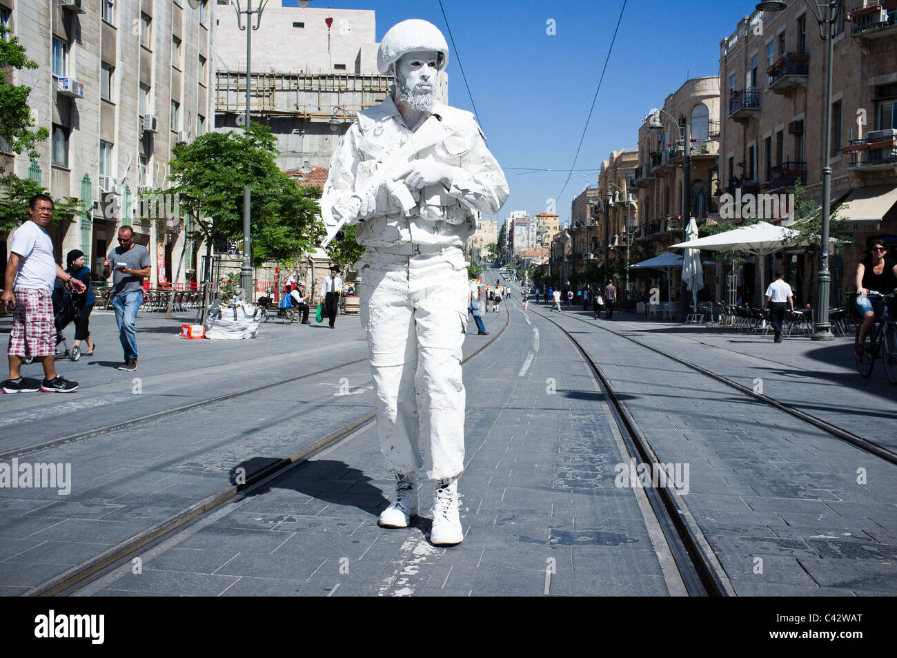 Lone white soldier-actor patrols Jerusalem streets. Jerusalem, Israel ...