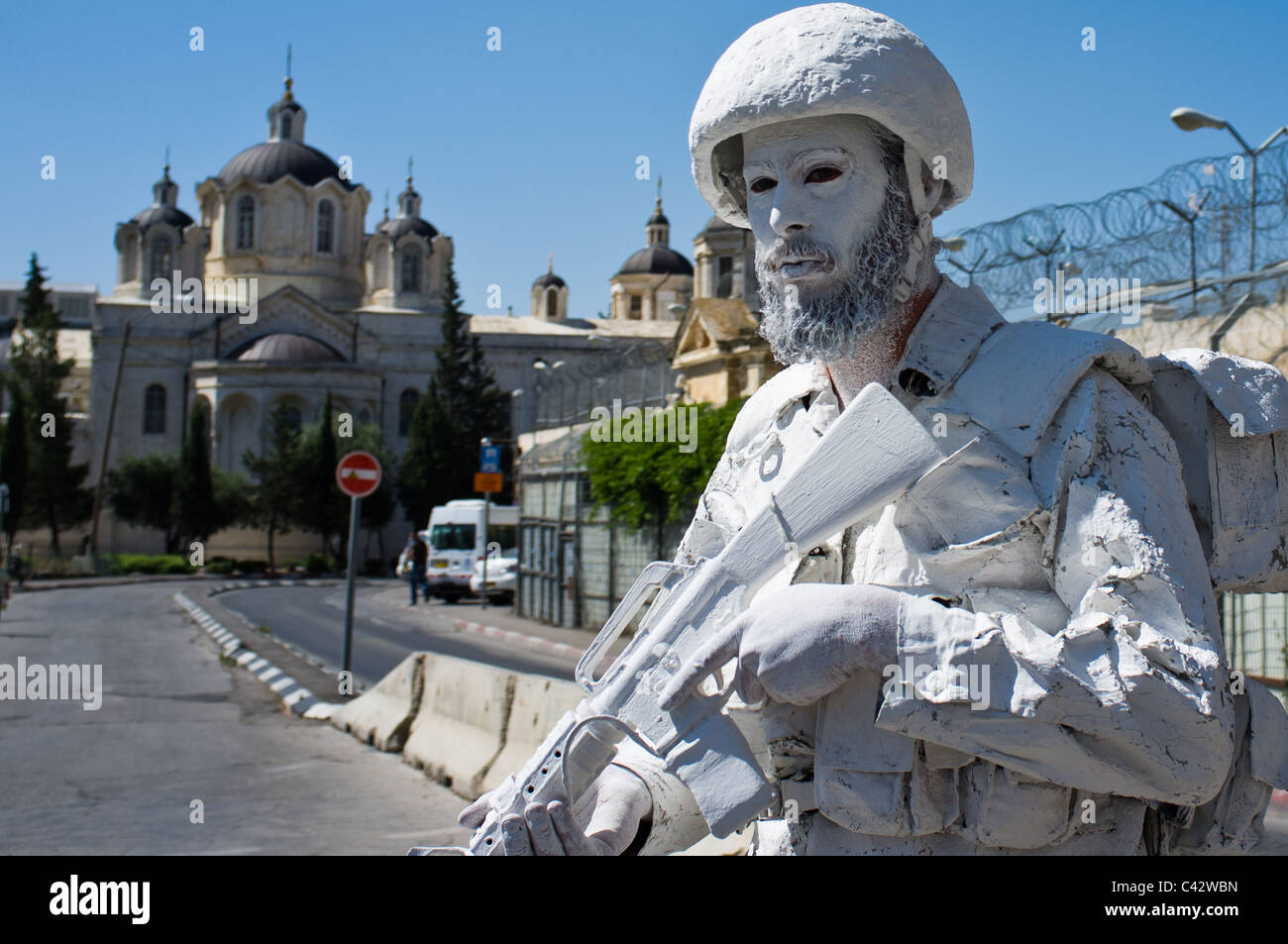 Lone white soldier-actor patrols Jerusalem streets. Jerusalem, Israel ...