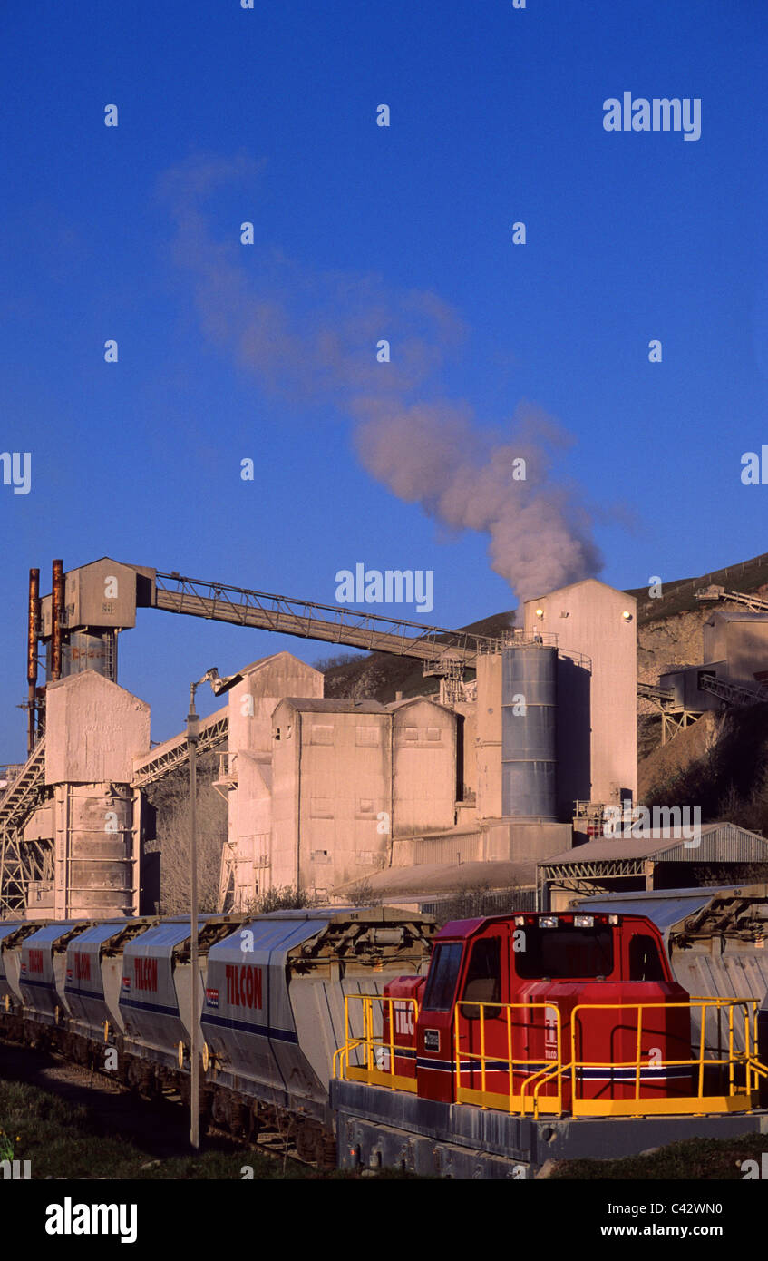 railway train and wagons collecting limestone at quarry yorkshire dales ...