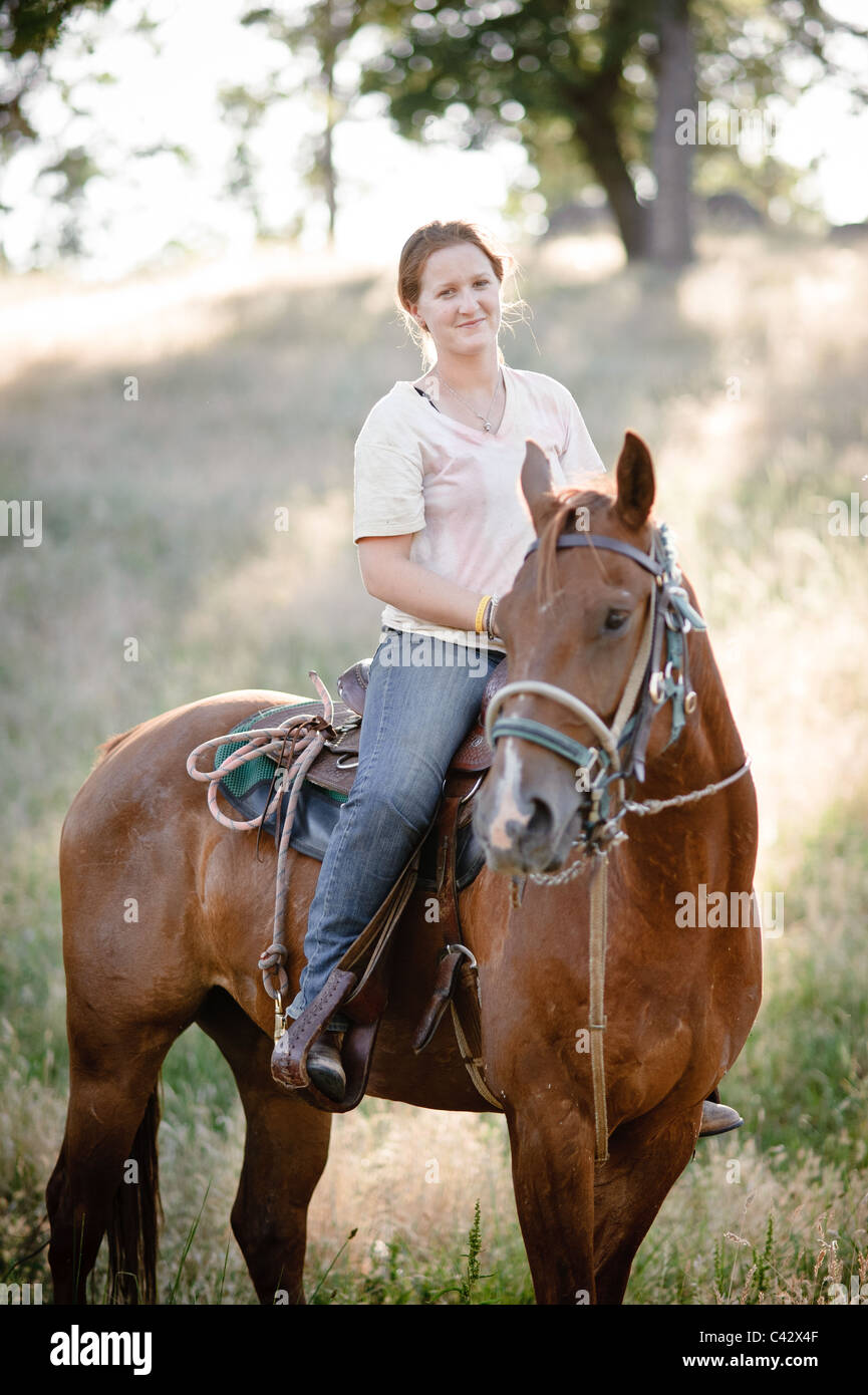 Woman riding horse at sunset hi-res stock photography and images - Alamy