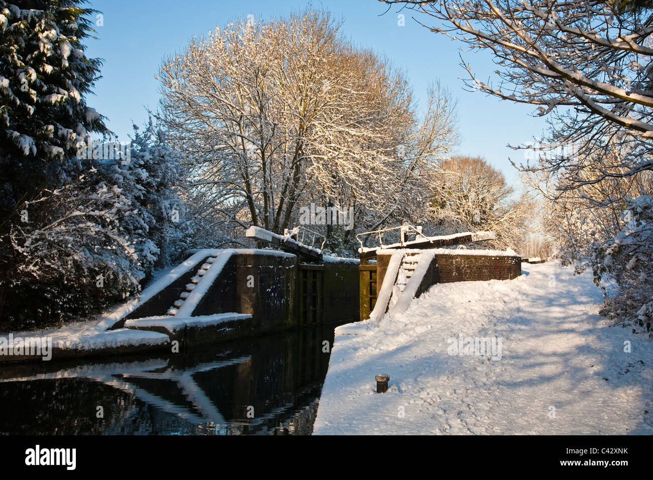 Winter scene at canal lock Stock Photo - Alamy
