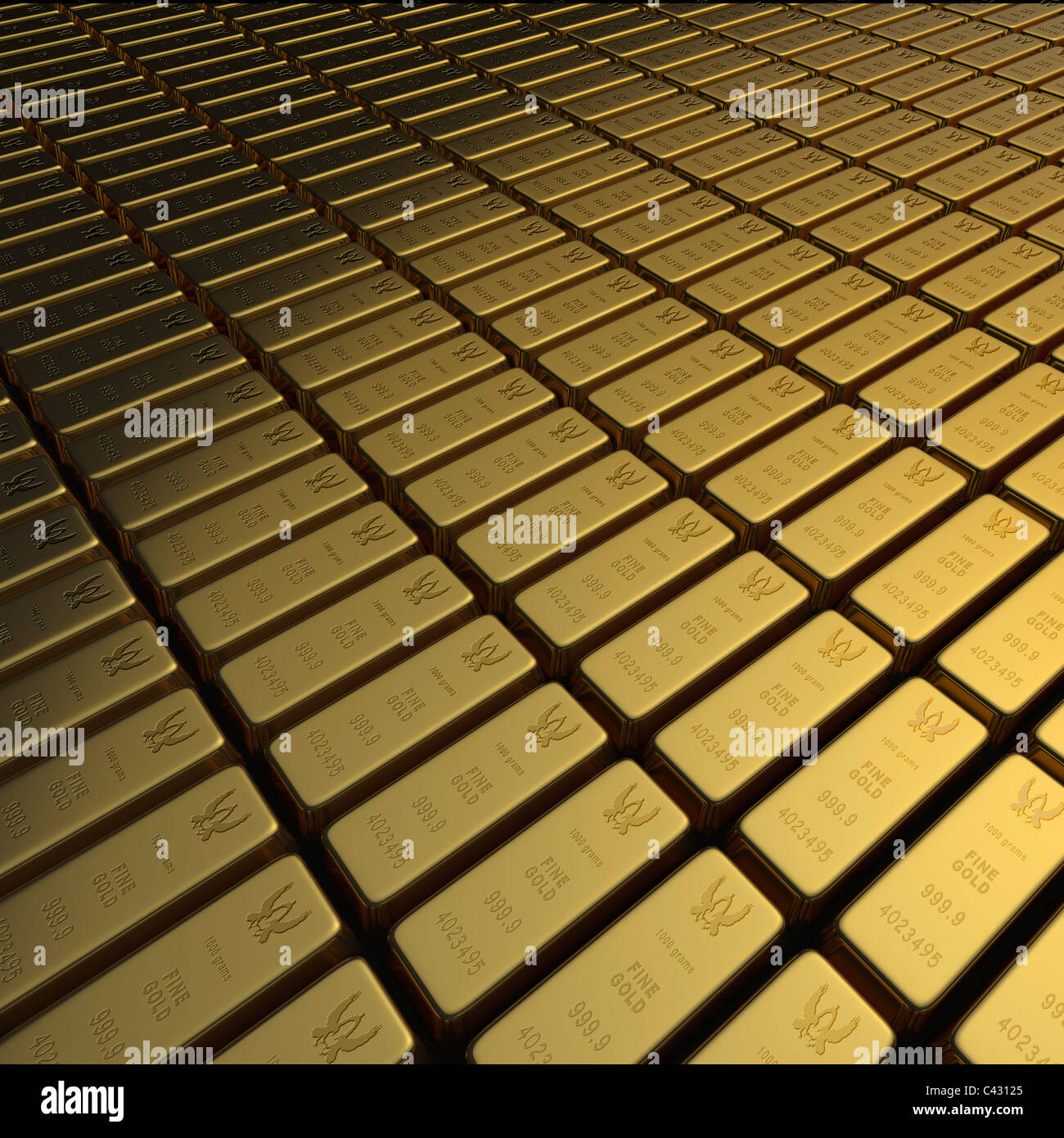 Gold bullion as extensive array of ingots on a background with dramatic ...