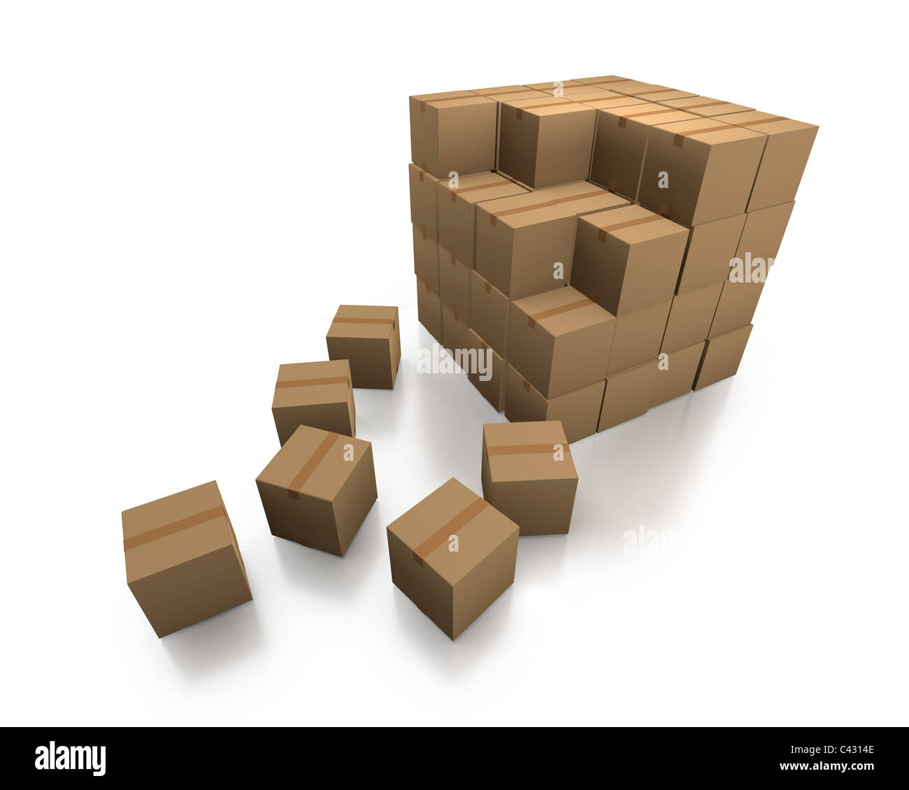 Cardboard boxes as a stack with a few boxes in disarray on white ...
