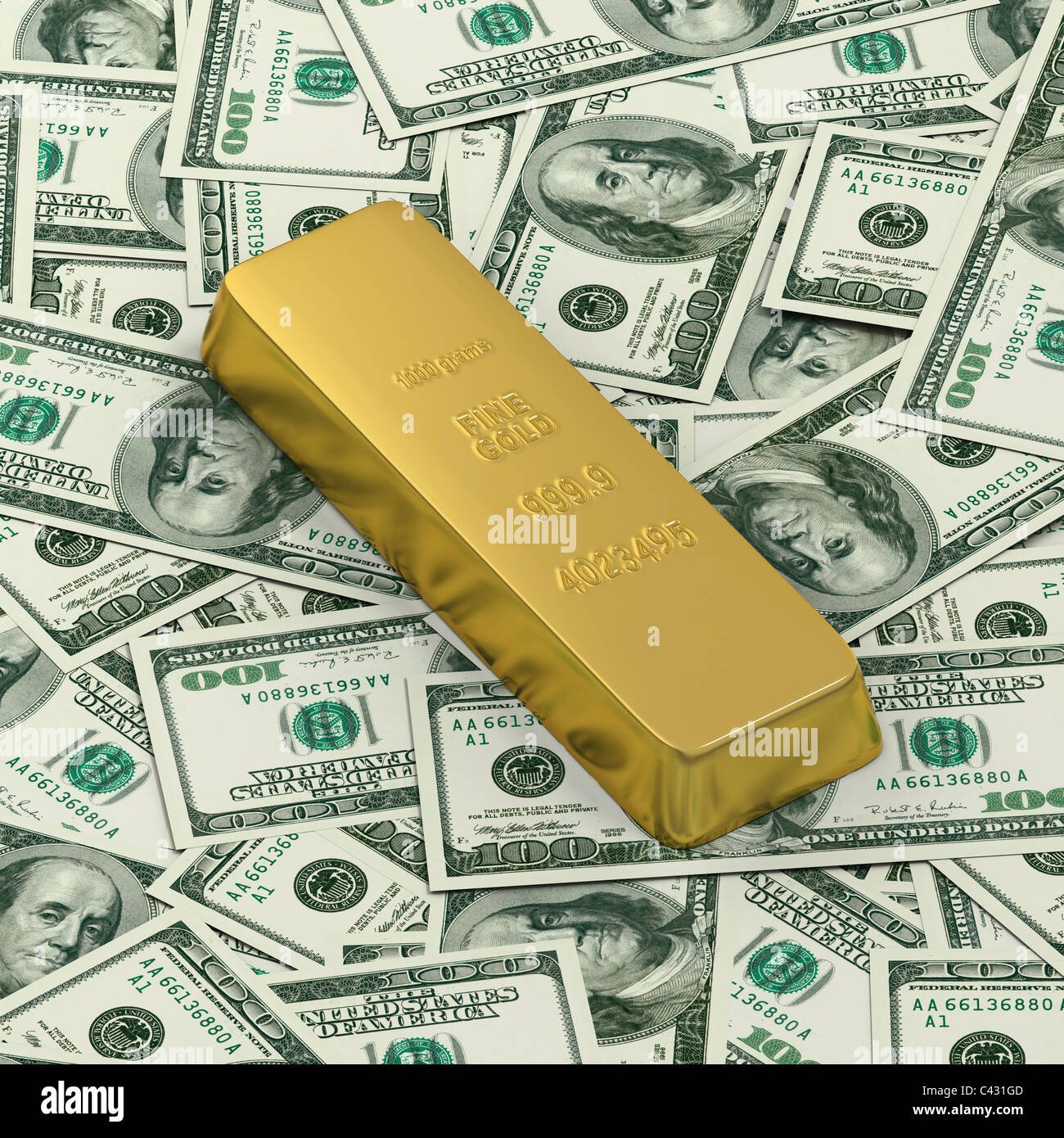 1000 grams or kilo golden bar or ingot on background of hundred dollar ...