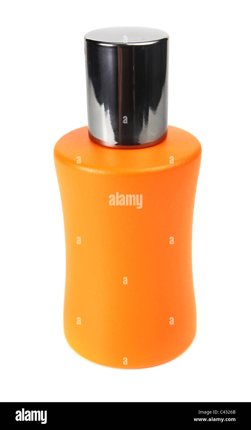 orange small bottle with a perfume liquid isolated on white background ...