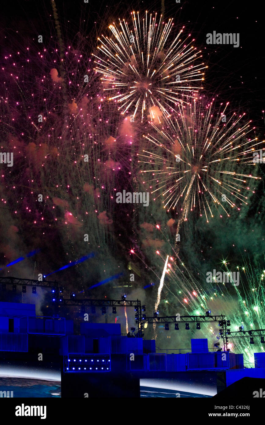 Pyrotechnics exploding behind the stage backdrop during the 2010 ...