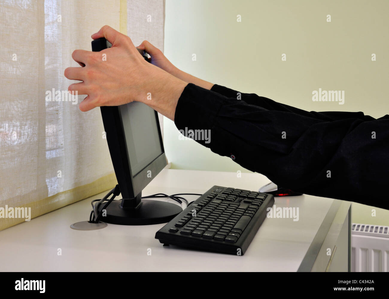 Frustrated businessman in front of computer focus on hands Stock Photo ...