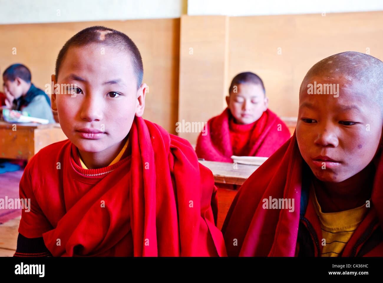 School class with young monks in Galden Namgey Lhatse Monastery ...