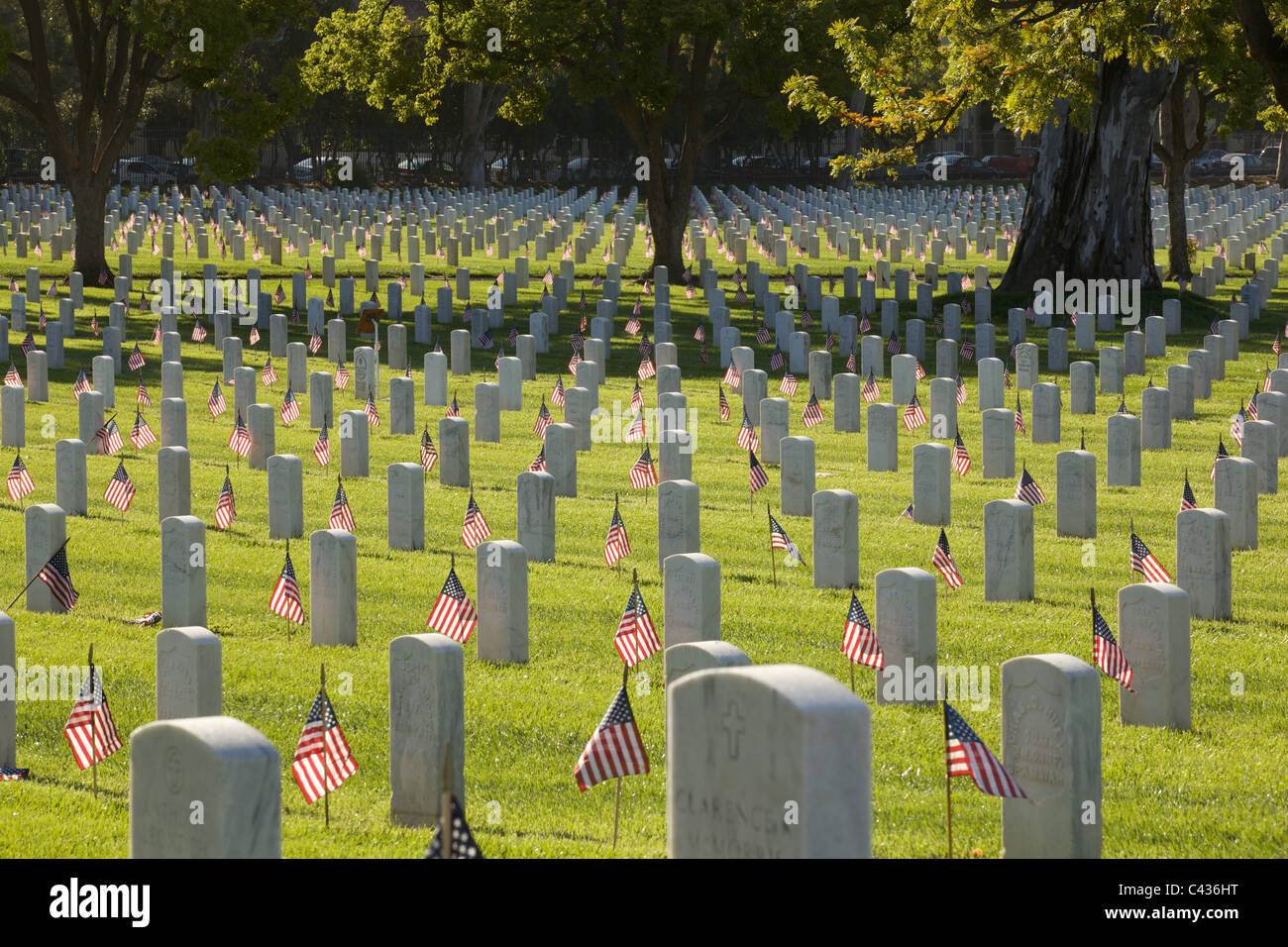 American military cemetery depicting headstones with American flags on ...