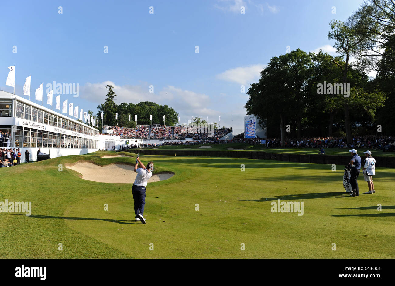 Professional Golfer Luke Donald plays an approach shot on the 18th hole ...