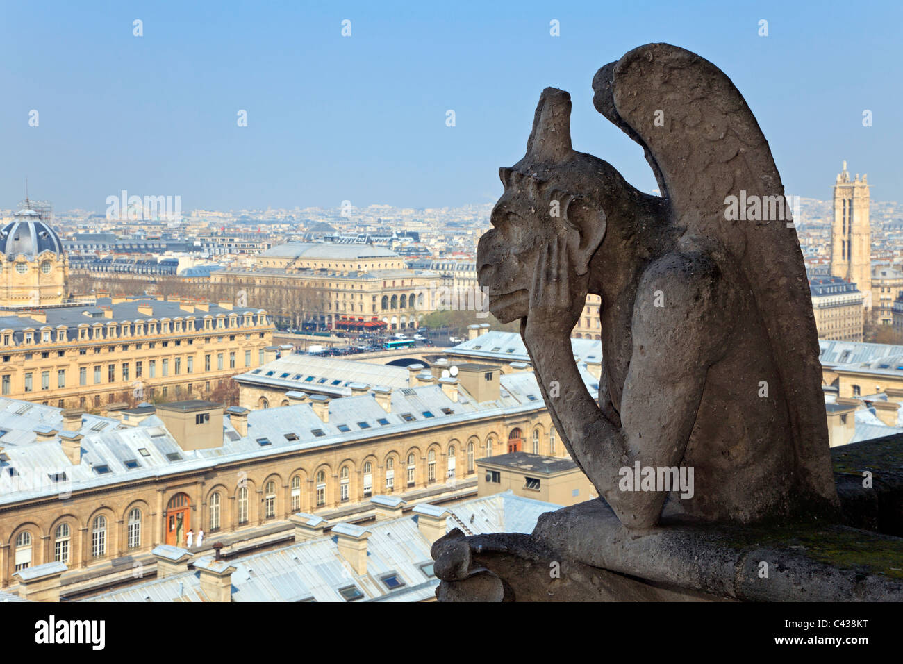 Famous chimera of Notre-Dame overlooking Paris. View from the top of ...
