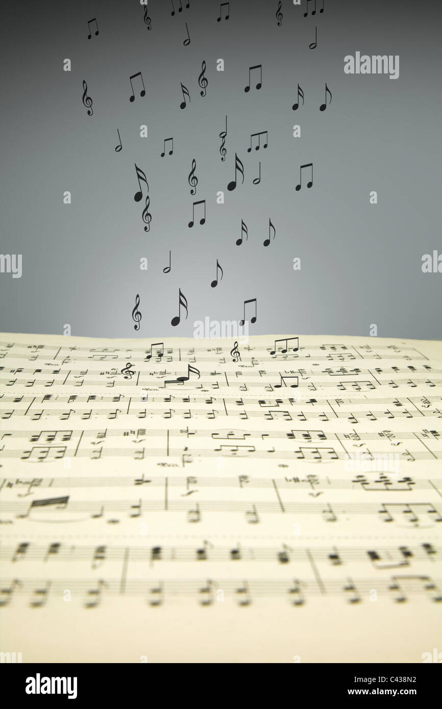 Old Musical Score sheet with musical notes falling from above Stock ...
