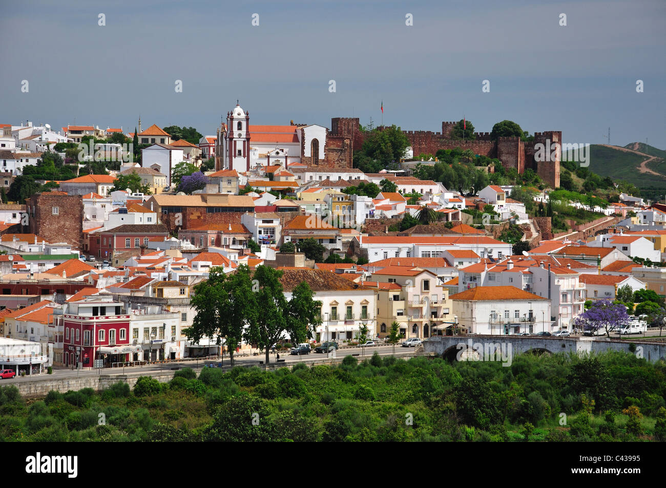 View of hillside town and castle, Silves, Silves Municipality, Faro ...