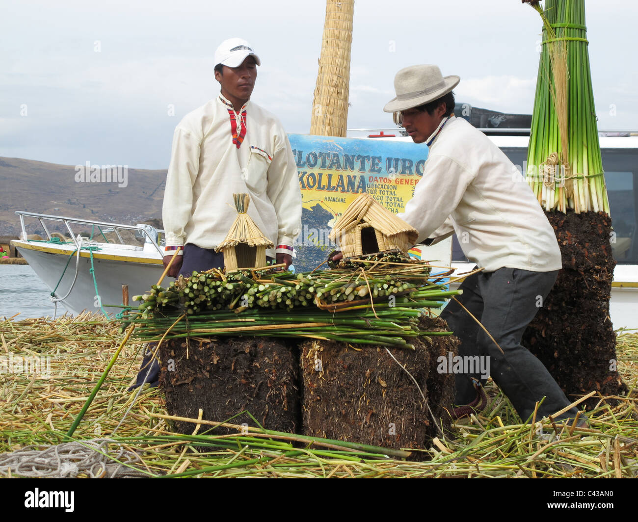 Two men demonstrating how to build a floating island reed, isla ...