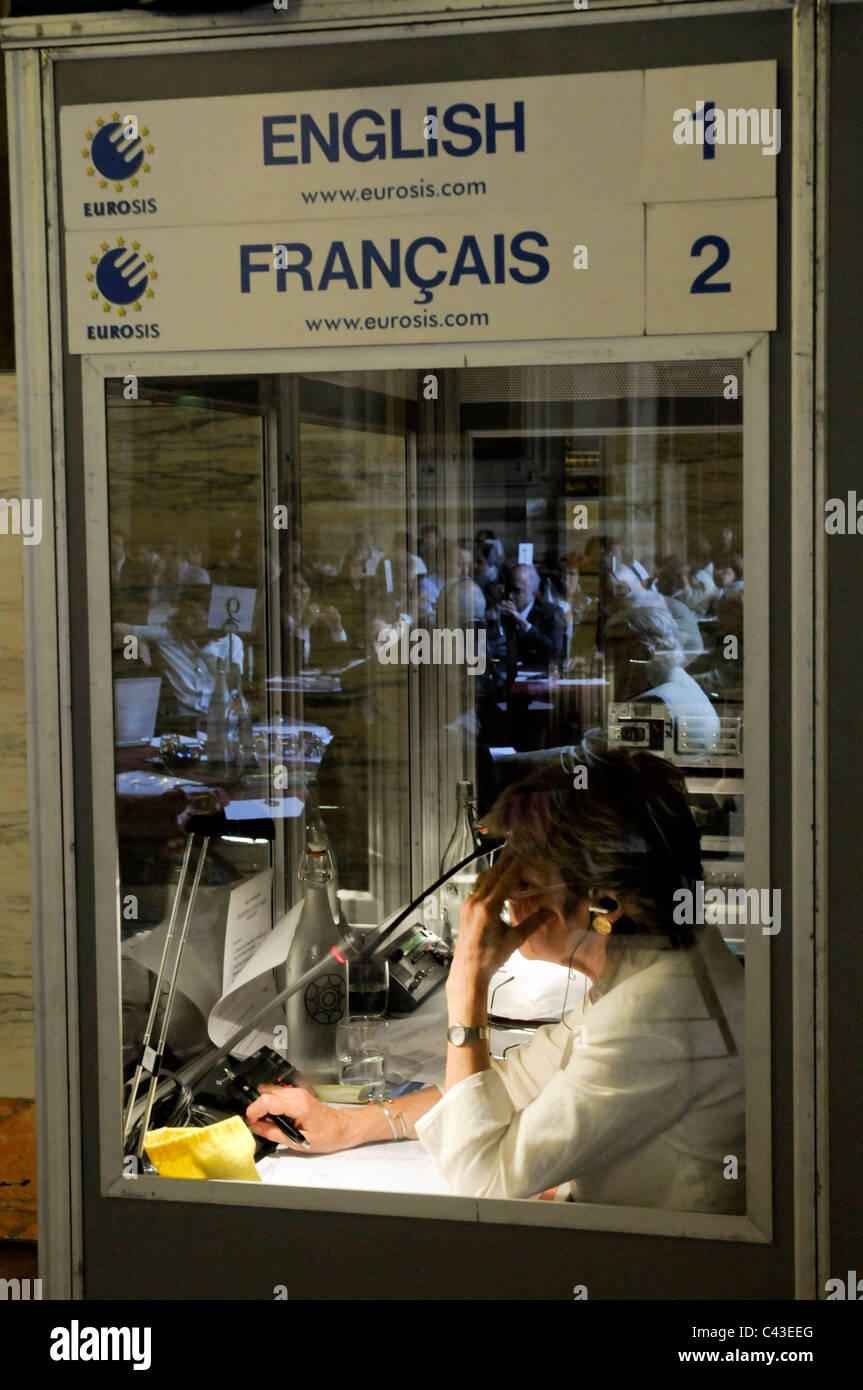 Translation booth at a conference Stock Photo - Alamy