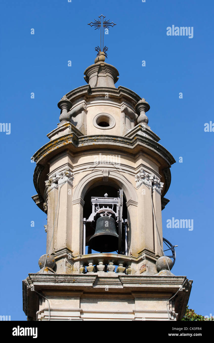 bell tower close up of the Baroque church in Albonese , Pavia Italy ...
