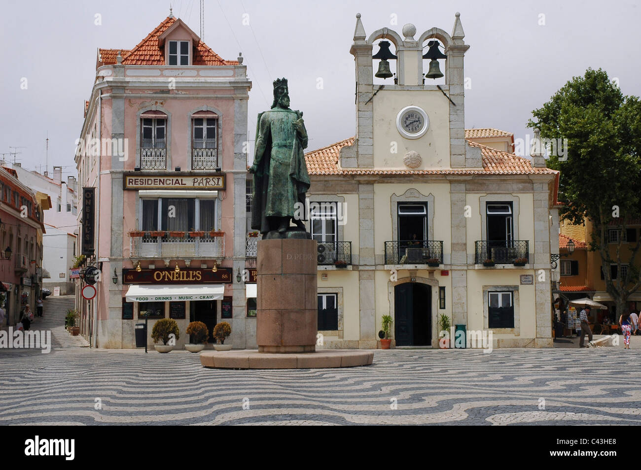 Statue of monarch Dom Pedro I in the main plaza of Cascais a coastal ...