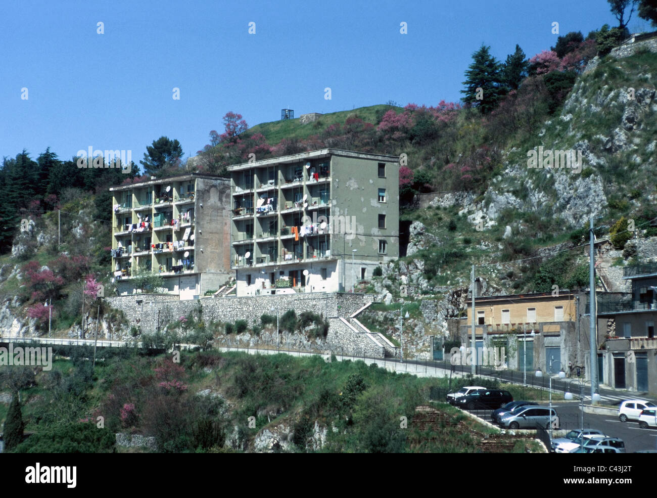 Tenement buildings on the outskirts of Segni, province of Rome, Italy ...