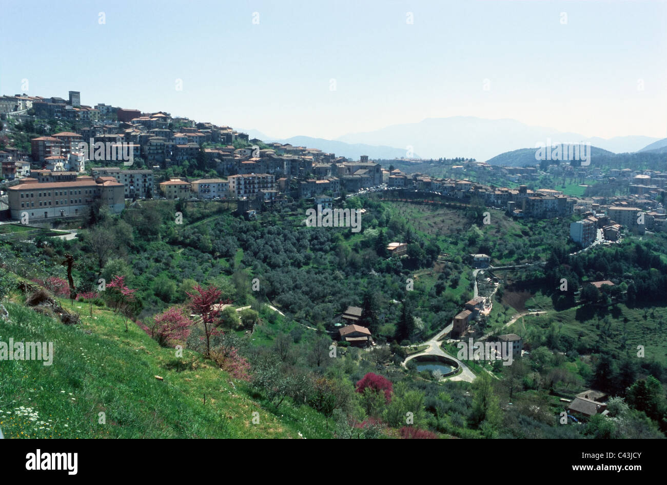 Panorama of Segni, ancient Signia, with ancient Roman round water ...