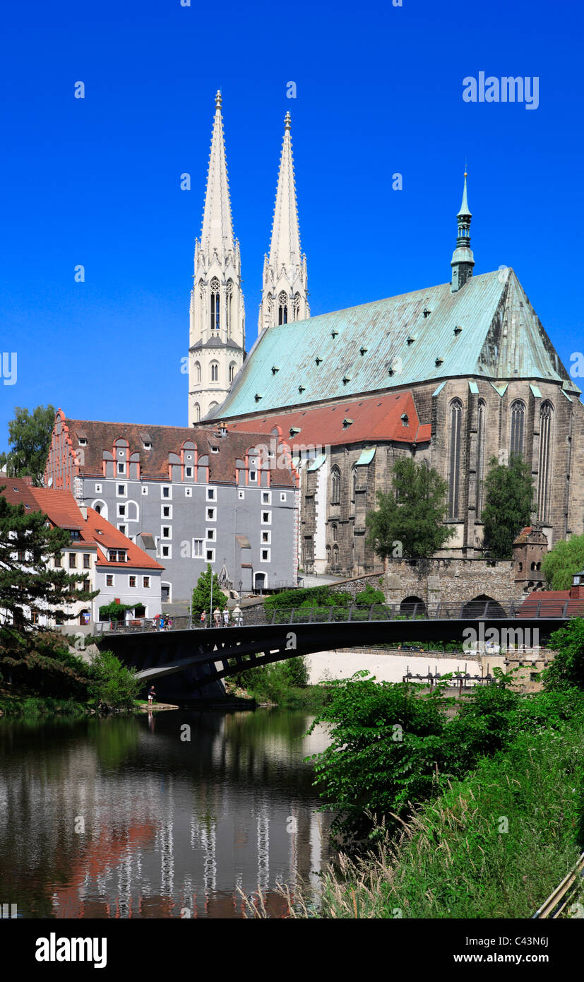 neisse river with st. peter and paul church old town bridge between ...