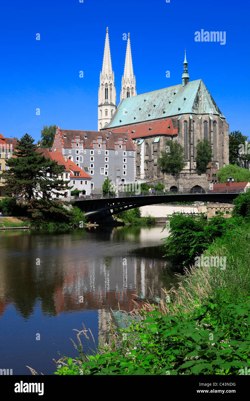 neisse river with st. peter and paul church old town bridge between ...