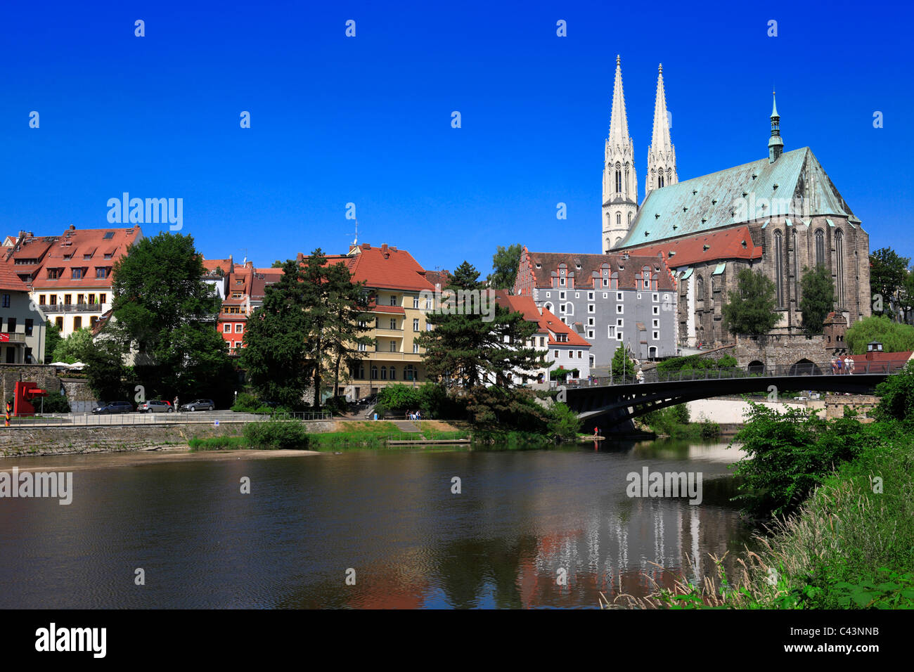 neisse river with st. peter and paul church old town bridge between ...