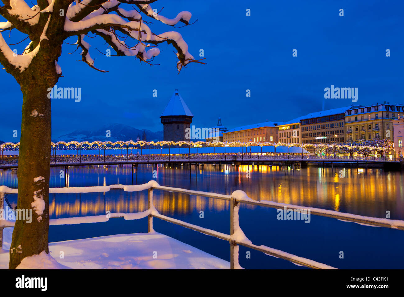 Lucerne chapel bridge, Switzerland, canton Lucerne, town, city, river ...