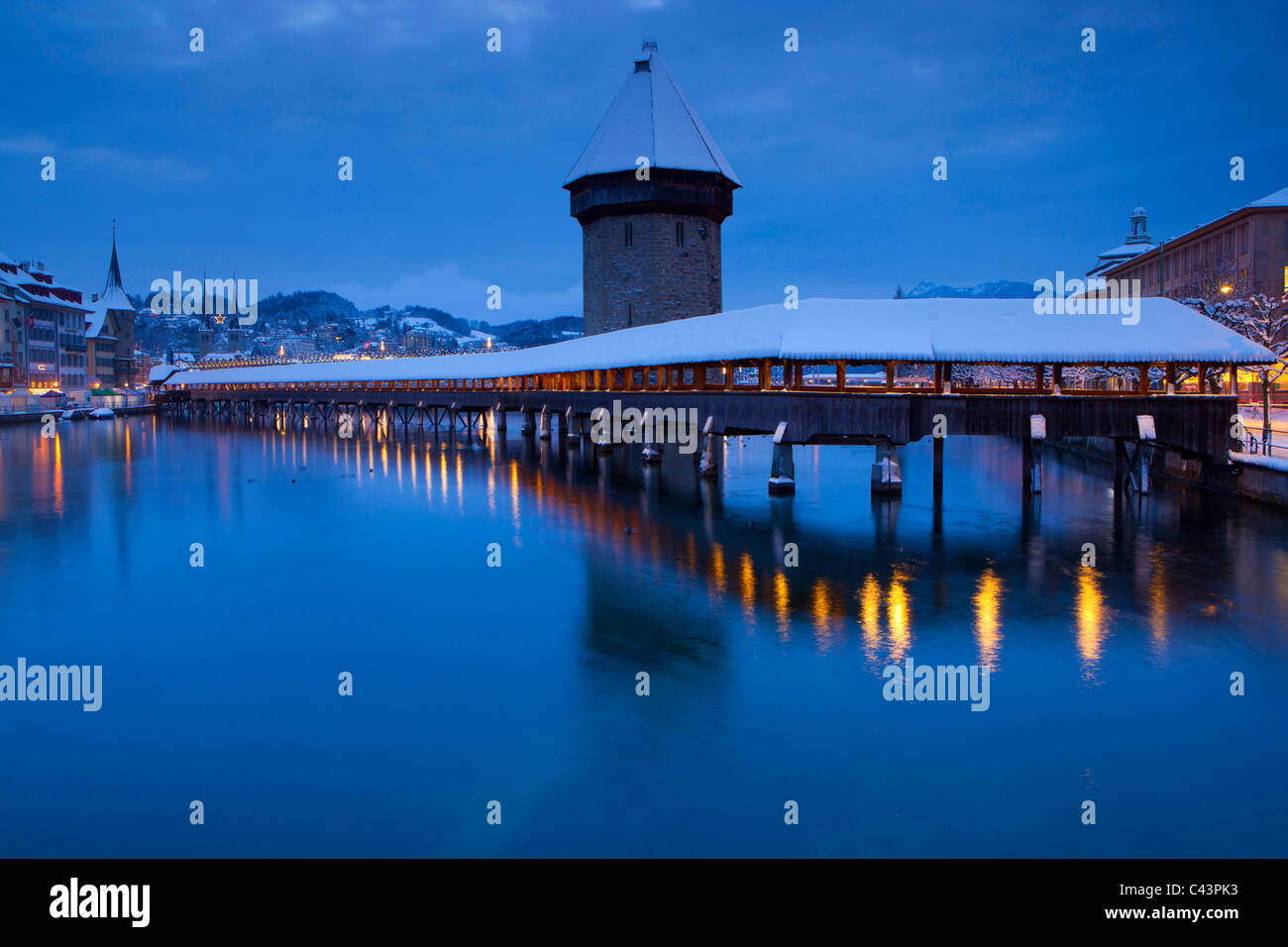 Lucerne chapel bridge, Switzerland, canton Lucerne, town, city, river ...