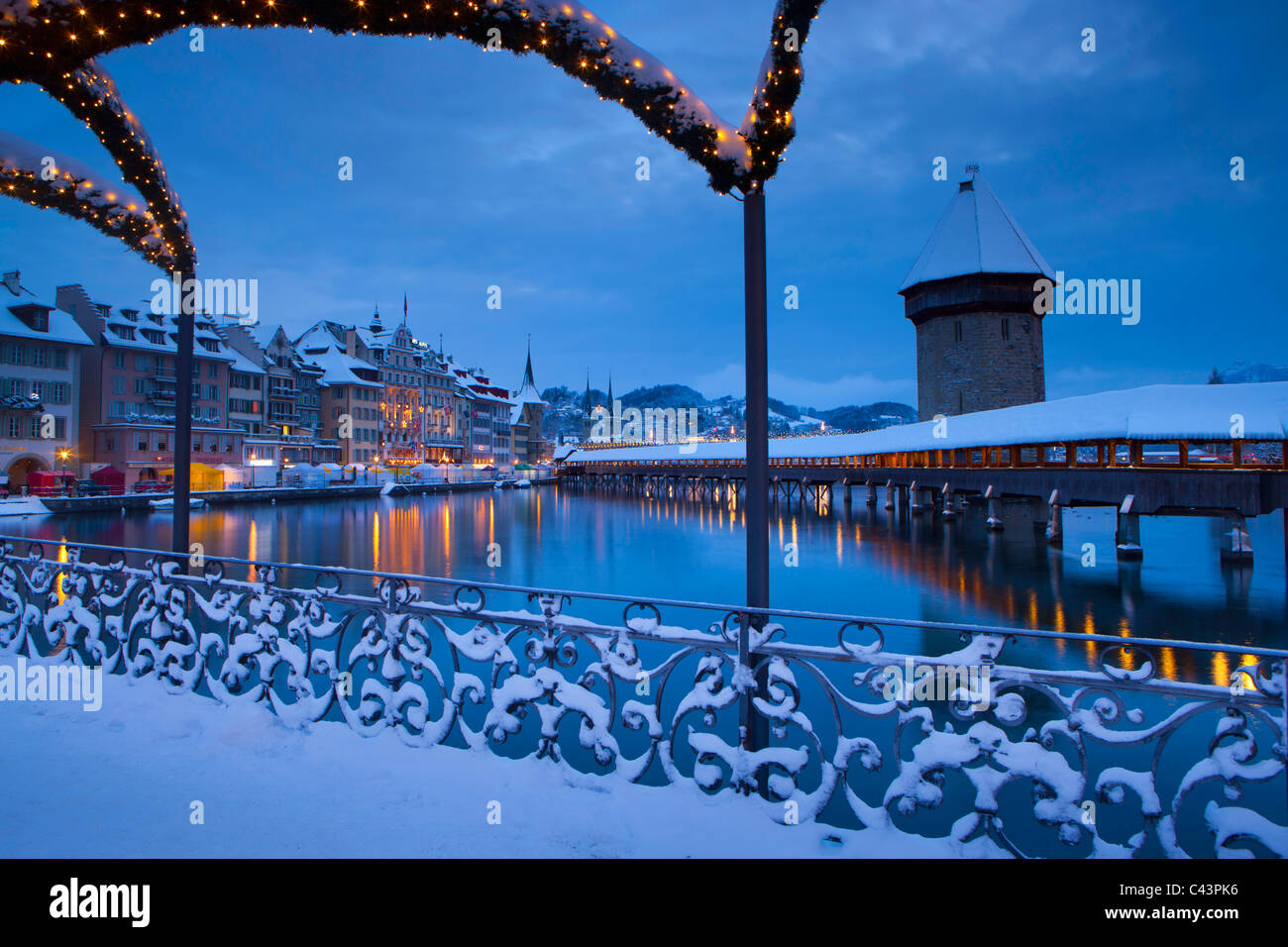 Lucerne chapel bridge, Switzerland, canton Lucerne, town, city, river ...