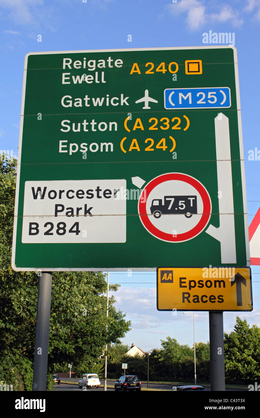 Road sign on the A240 Kingston Road with directions to Epsom Races ...