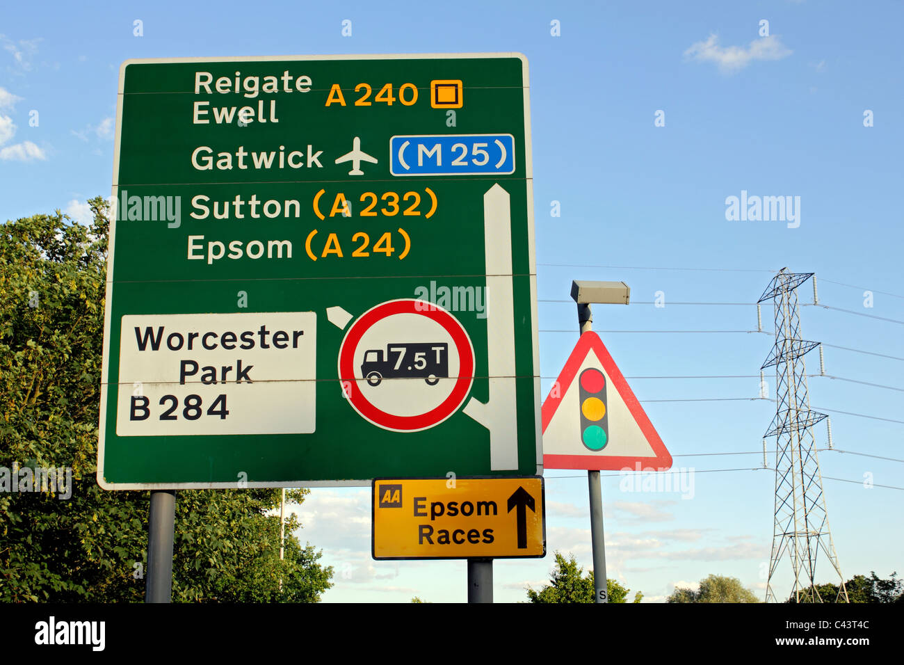 Road sign on the A240 Kingston Road with directions to Epsom Races ...