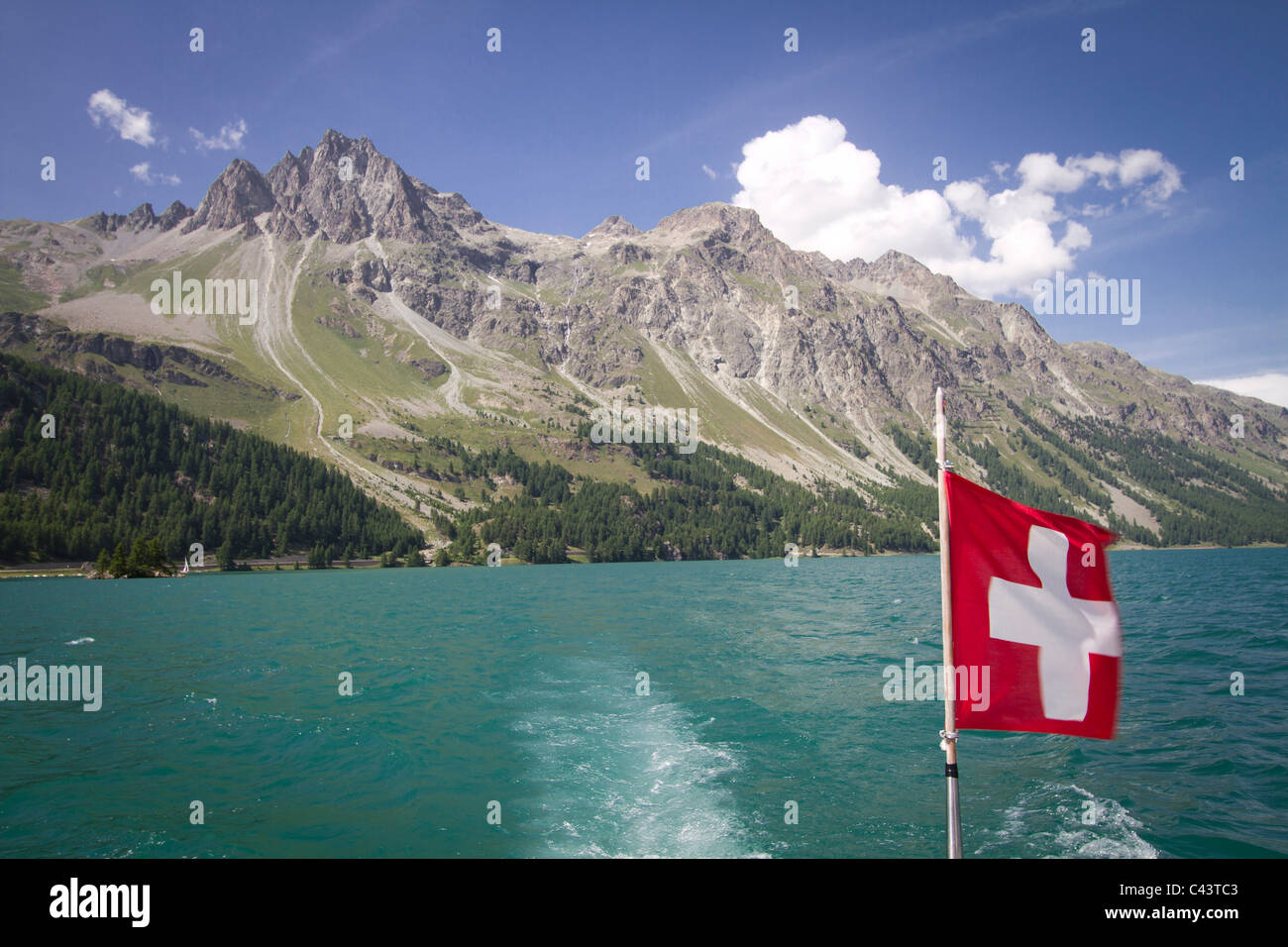 Alps, mountain, boat, Engadin, Graubunden, Grisons, Maloja, motorboat ...