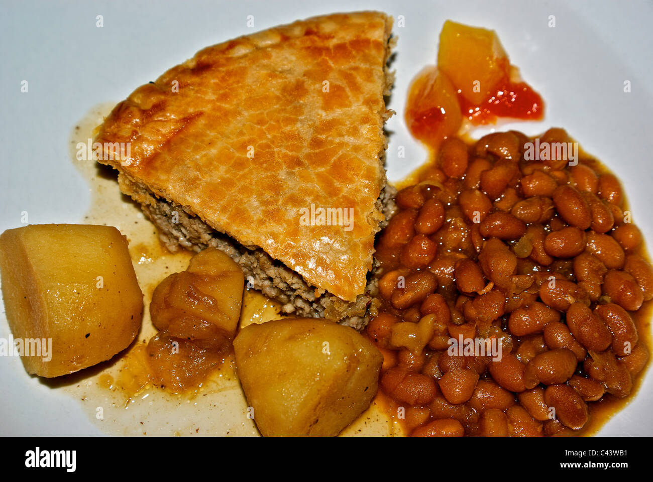 Traditional French Canadian lumberjack meal tourtiere baked pork beans ...