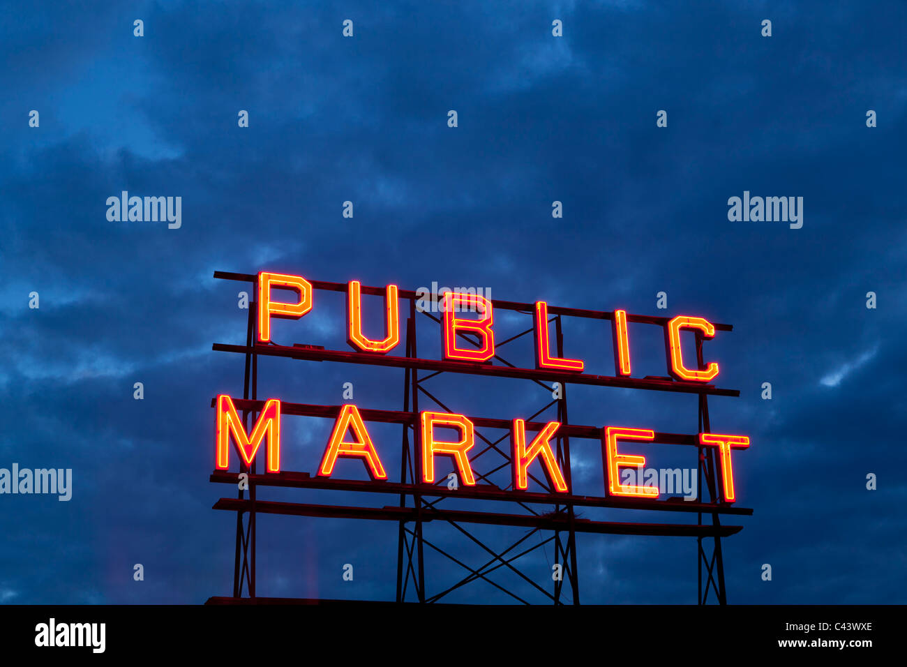 Sign for Pike Place Public Market at dusk Seattle Washington USA Stock ...