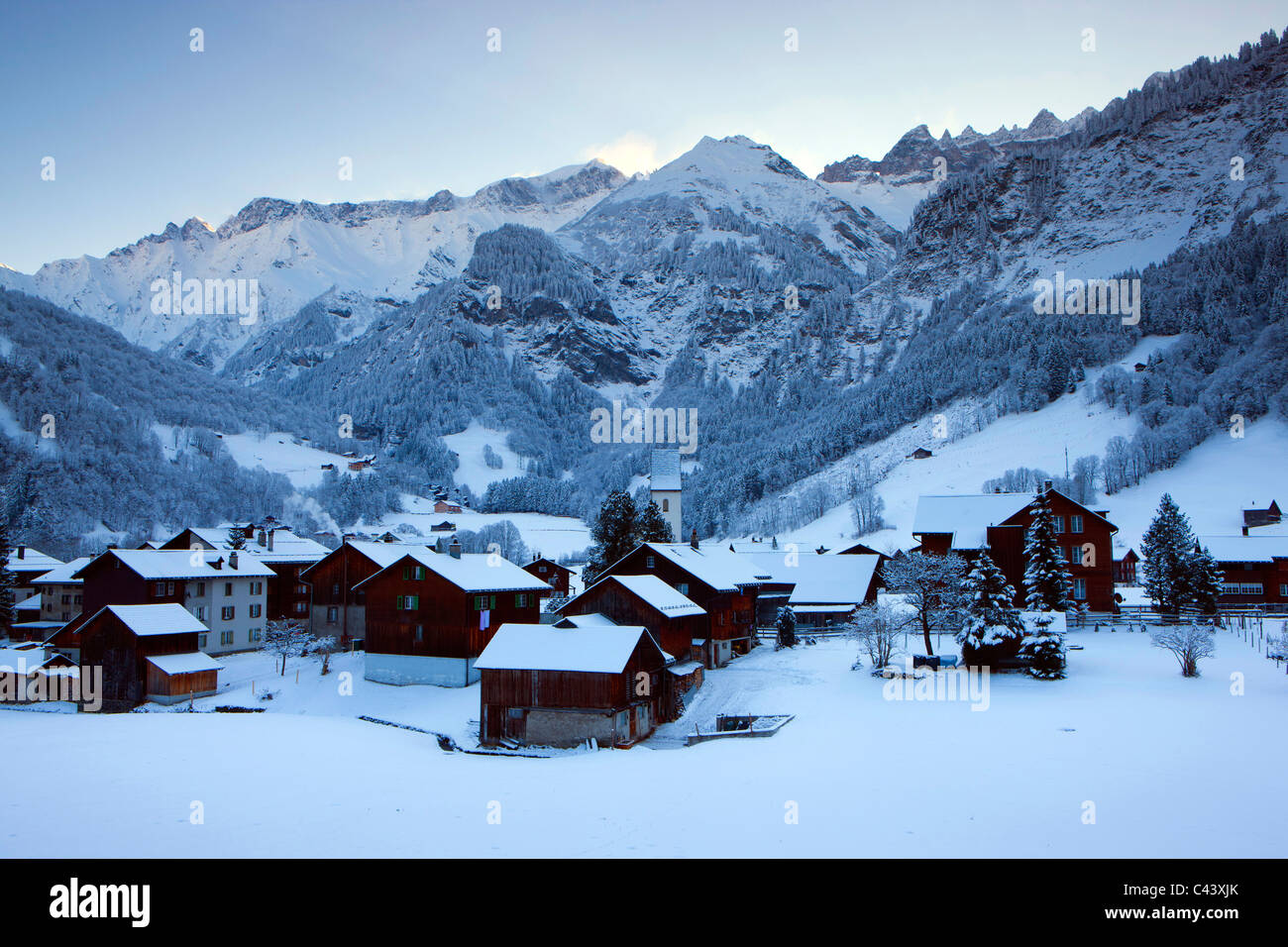 Elm, Switzerland, Europe, canton Glarus, village, houses, homes, church ...