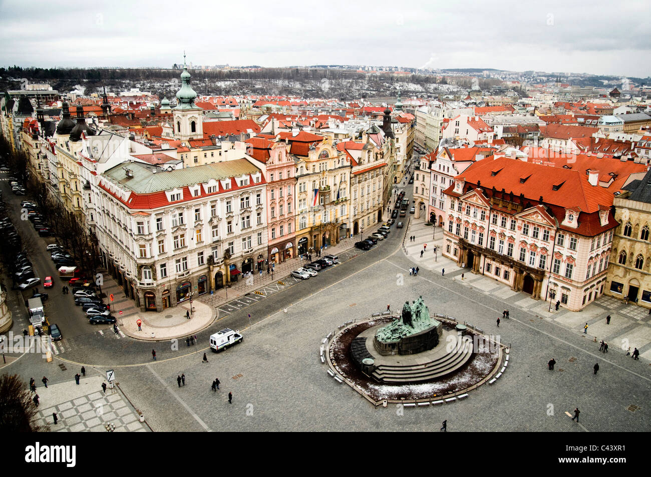 Prague's main square city landscape with monument from bird's-eye view ...