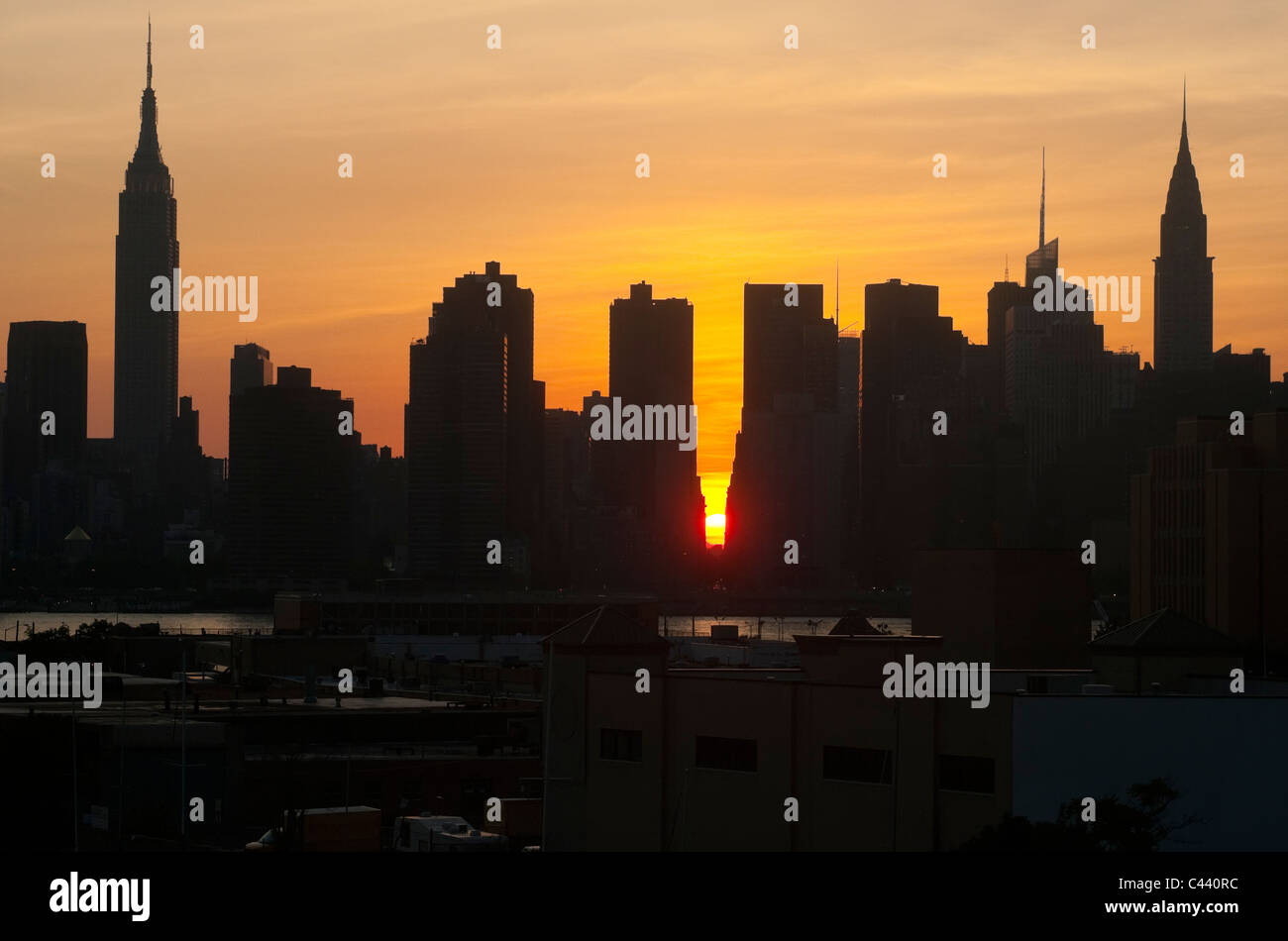 New York, NY - 27 May 2011 Manhattan skyline during Manhattanhenge ...