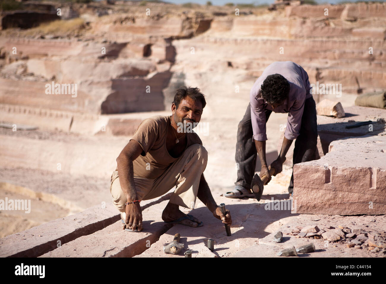 Indian workers quarry stone very traditional way, Bikaner, Rajasthan ...