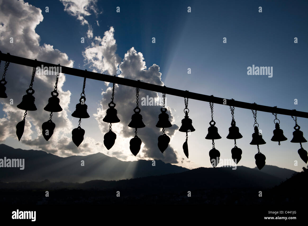 Wind bell background blue sky in Swayambhunath (monkey temple ...