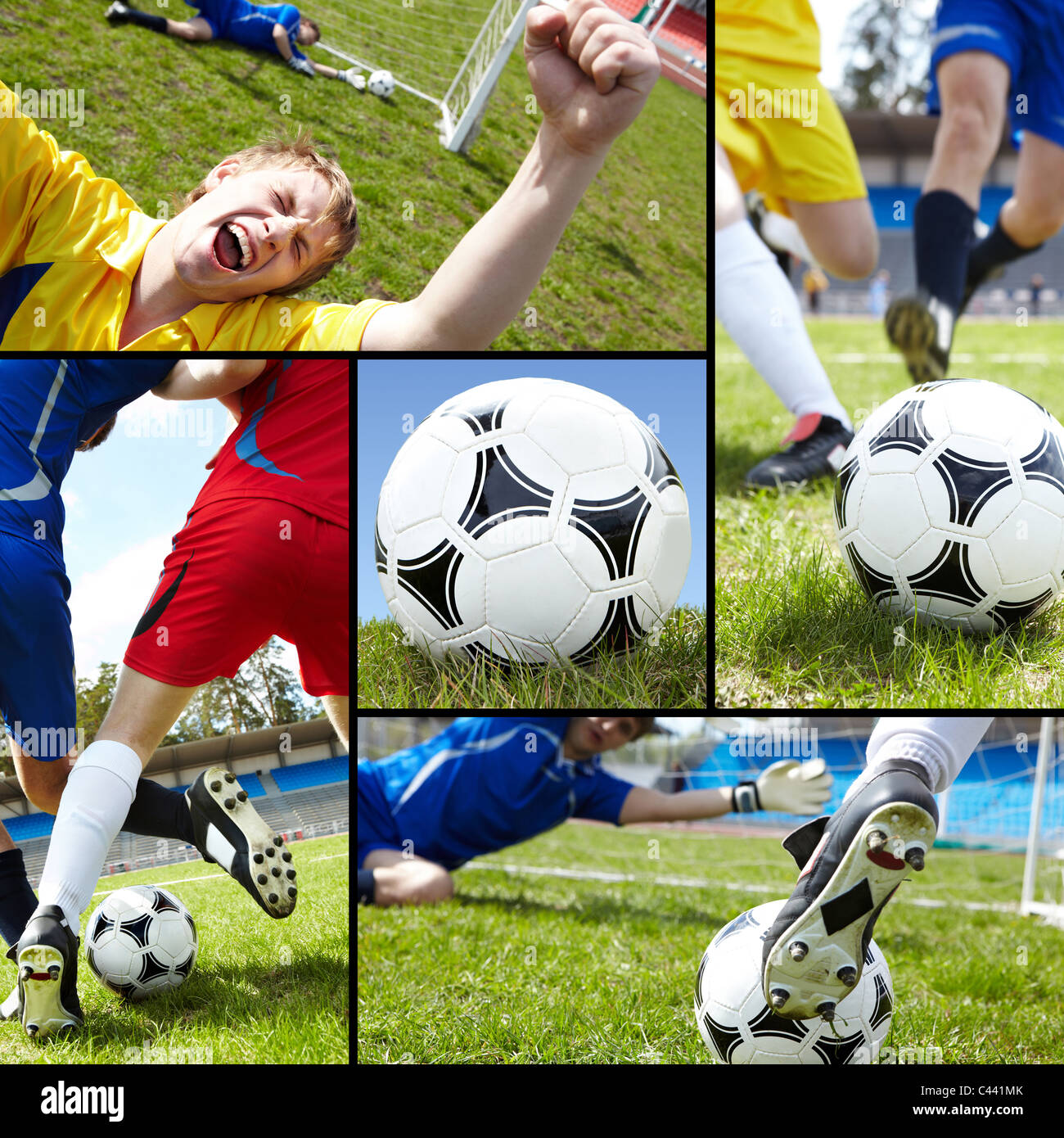 Collage of soccer ball on the field with footballers and their legs ...