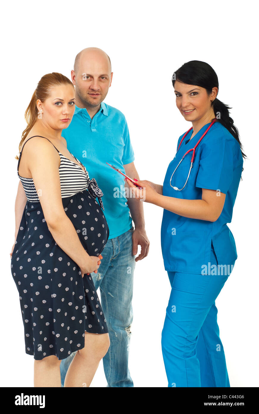 Happy doctor woman and future parents having discussion isolated on ...