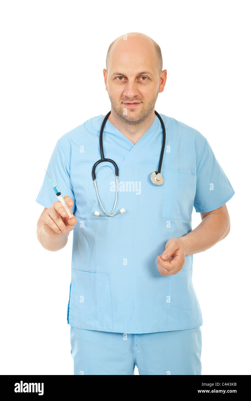 Friendly smiling doctor man holding syringe isolated on white ...