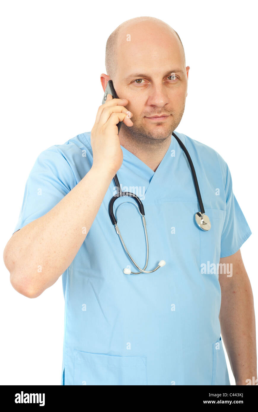 Bald doctor man talking by phone mobile isolated on white background ...
