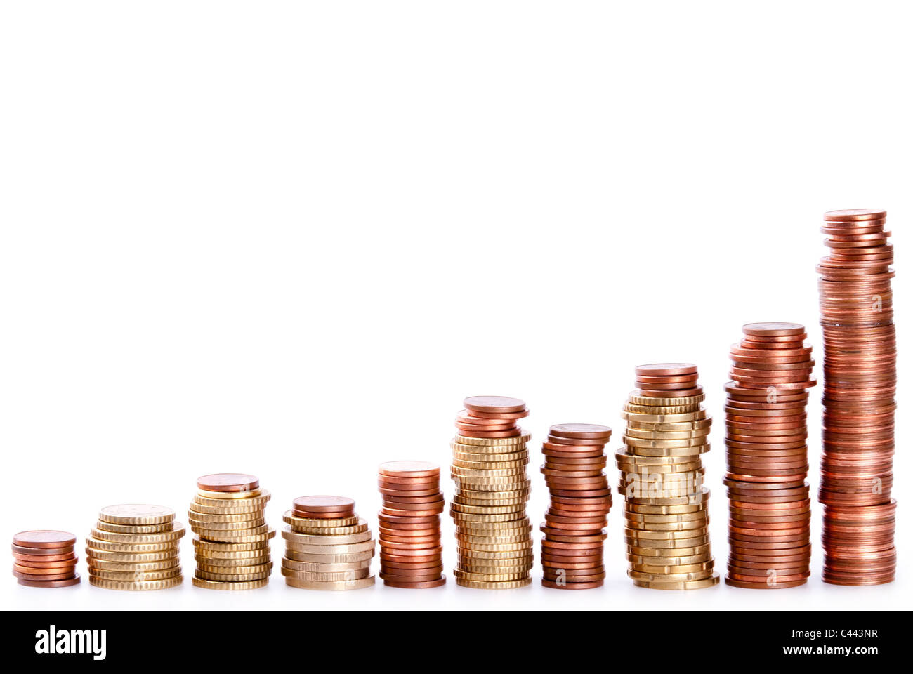 many coin piles from the left to the right climbing up Stock Photo - Alamy