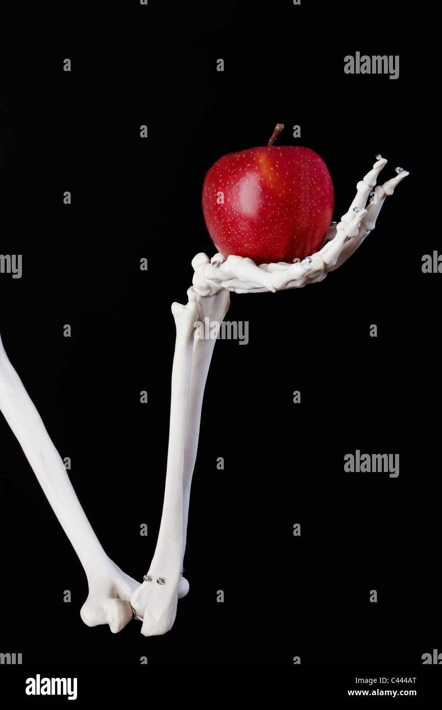 A skeleton arm and hand holding a red apple Stock Photo - Alamy